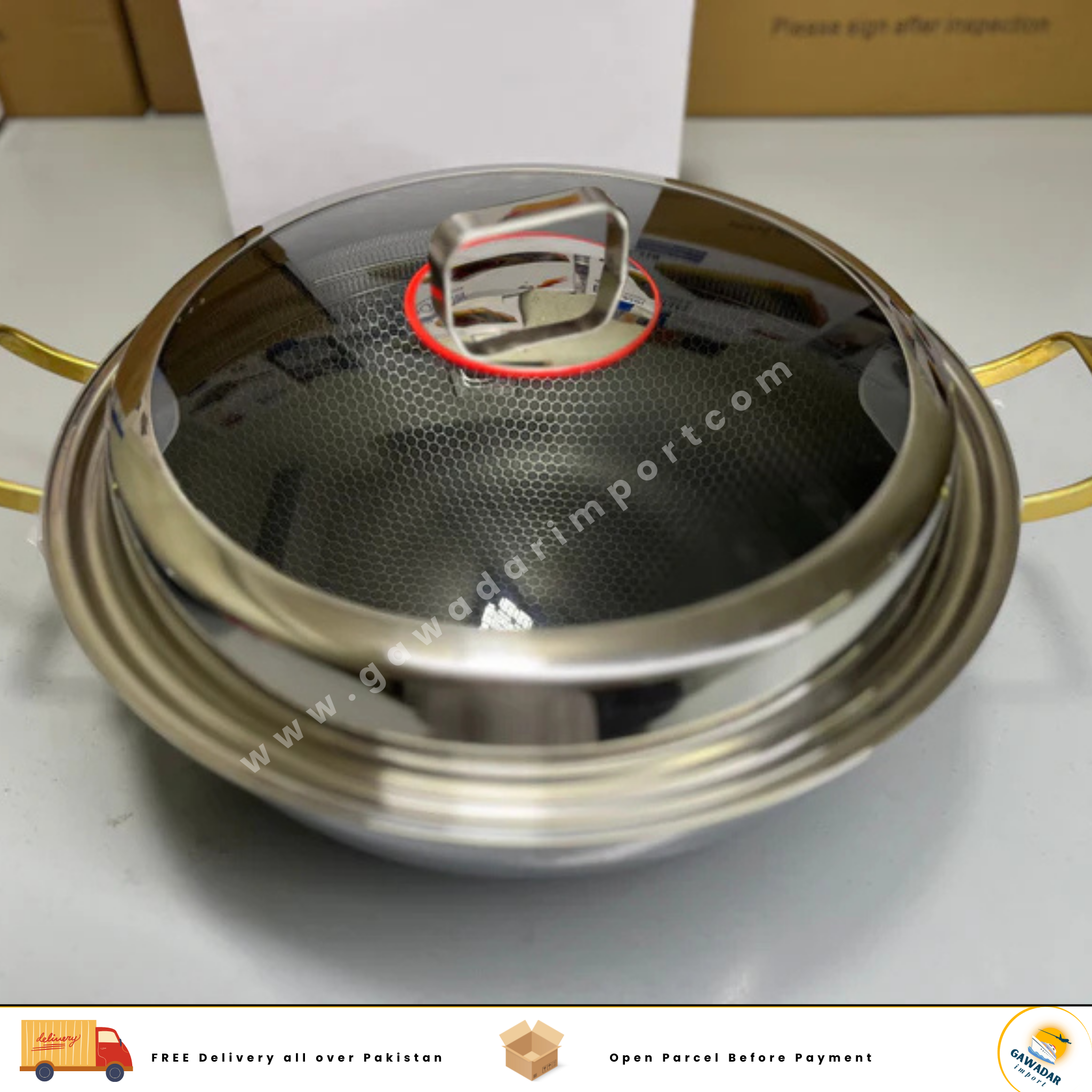 Laser Coating Handi / Karaai with Golden and Blue Handles – Gawadar Import